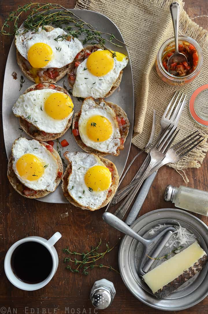 Cheesy English Muffins with Smoky Balsamic Red Pepper Compote and Fried ...
