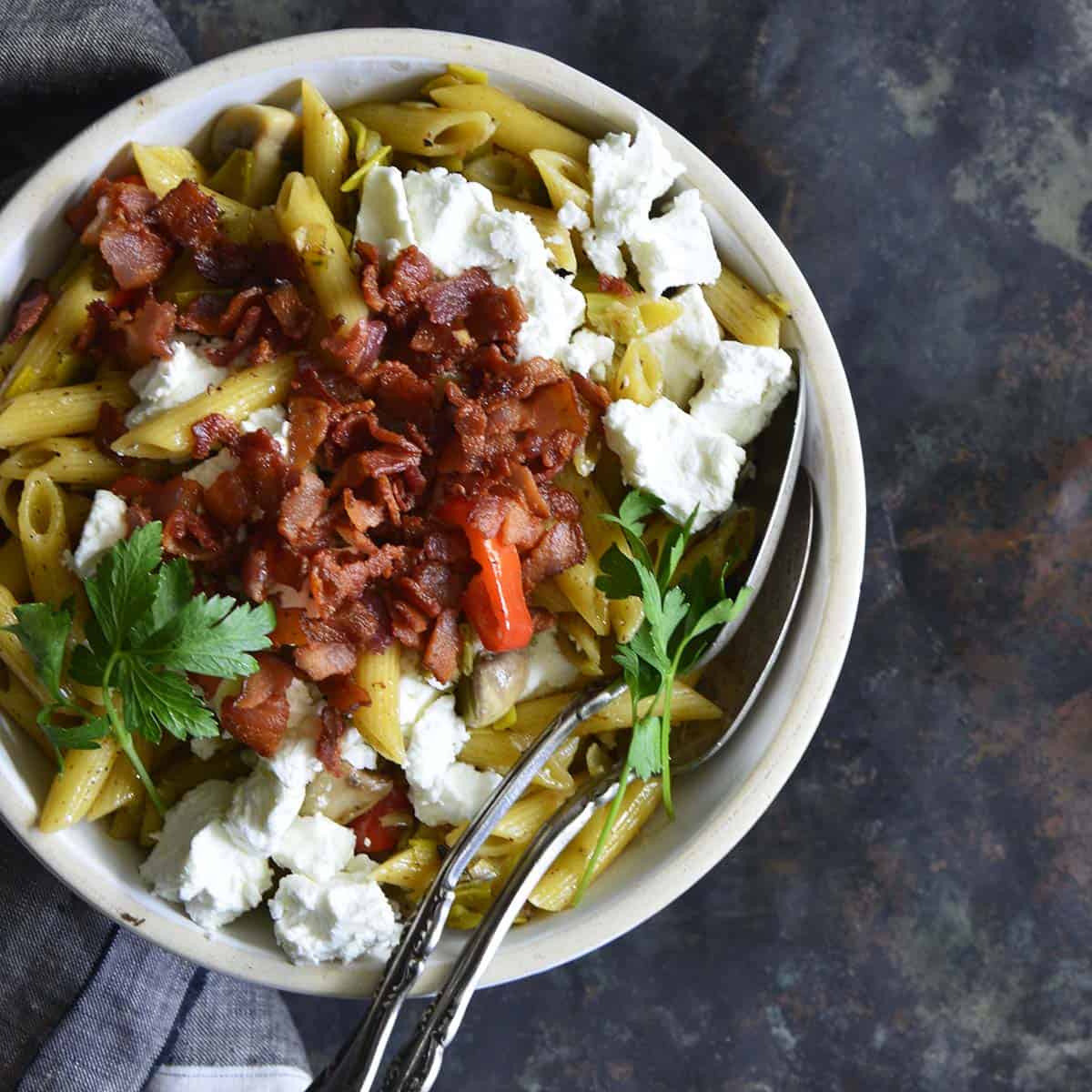 Warm Pasta Salad Recipe with Caramelized Leek, Bacon, and Goat Cheese ...