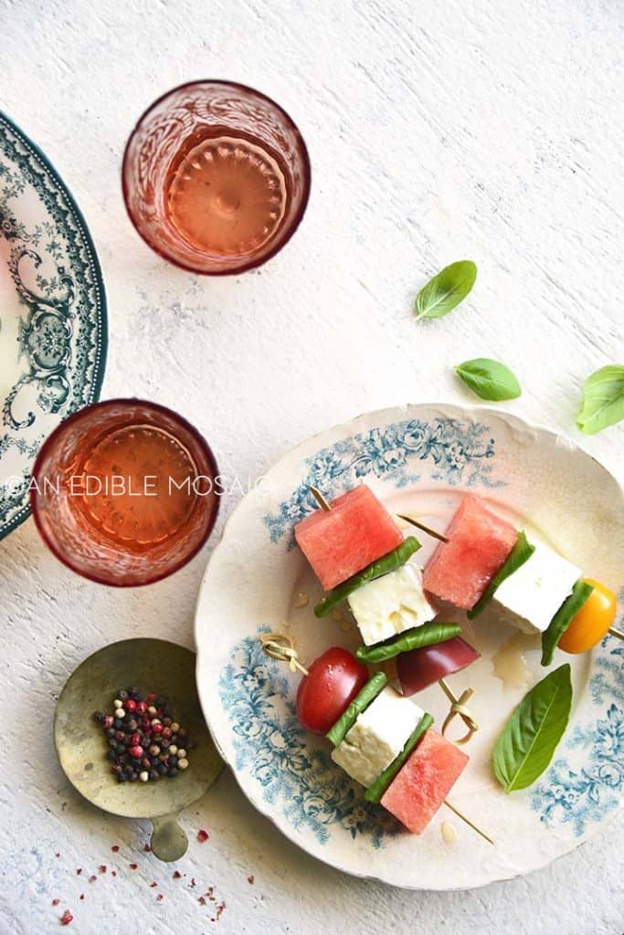 Watermelon Salad Skewers with Tomato, Basil, and Feta