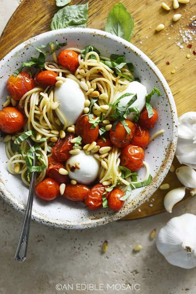 Easy Oven Roasted Tomatoes Recipe with Pasta, Pine Nuts, and Mozzarella ...