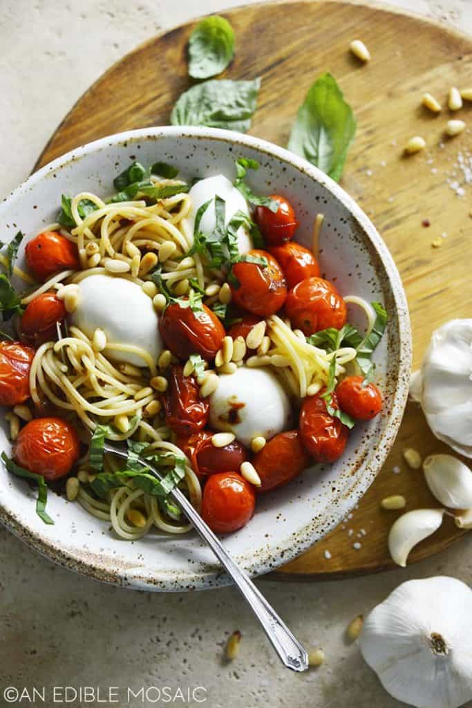 Easy Oven Roasted Tomatoes Recipe with Pasta, Pine Nuts, and Mozzarella ...