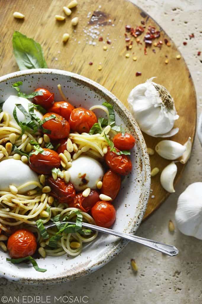 Easy Oven Roasted Tomatoes Recipe with Pasta, Pine Nuts, and Mozzarella ...