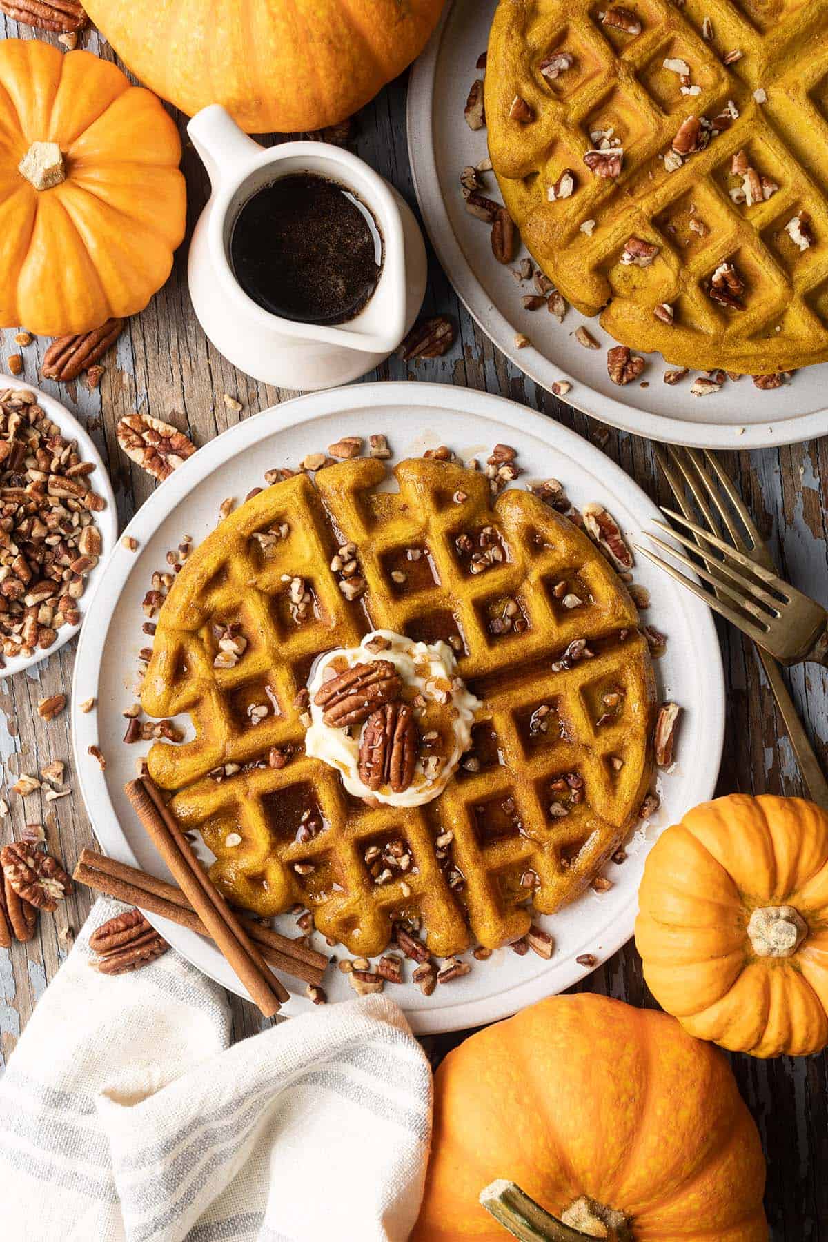 Spiced Pumpkin Waffle Recipe with Brown Butter Maple Syrup - An Edible ...