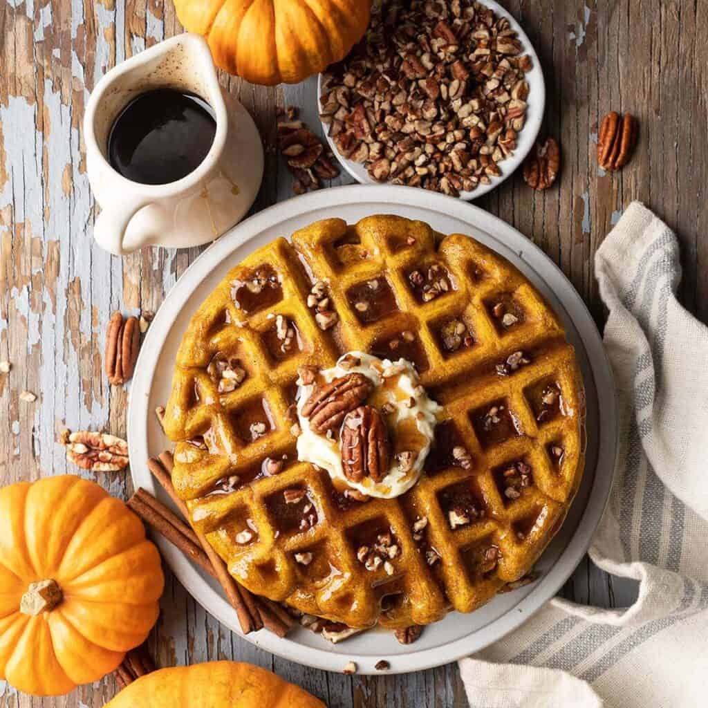 Spiced Pumpkin Waffle Recipe with Brown Butter Maple Syrup - An Edible ...
