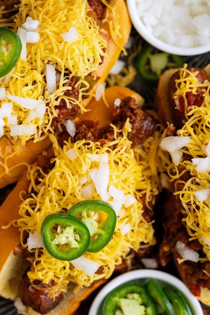 Chili Cheese Dogs Recipe {video} - An Edible Mosaic™