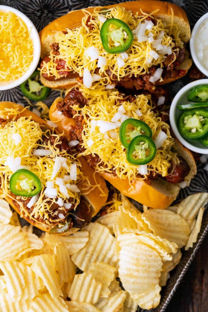 Chili Cheese Dogs Recipe {video} - An Edible Mosaic™